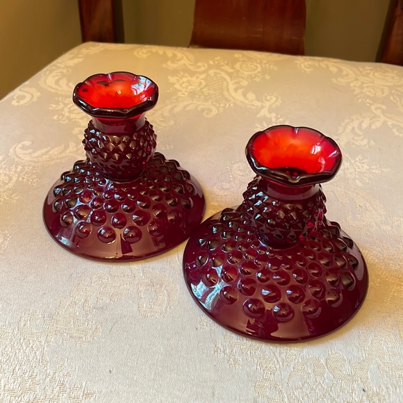 Fenton | Other | Vintage Fenton Ruby Red Hobnail Glass Candlesticks ...